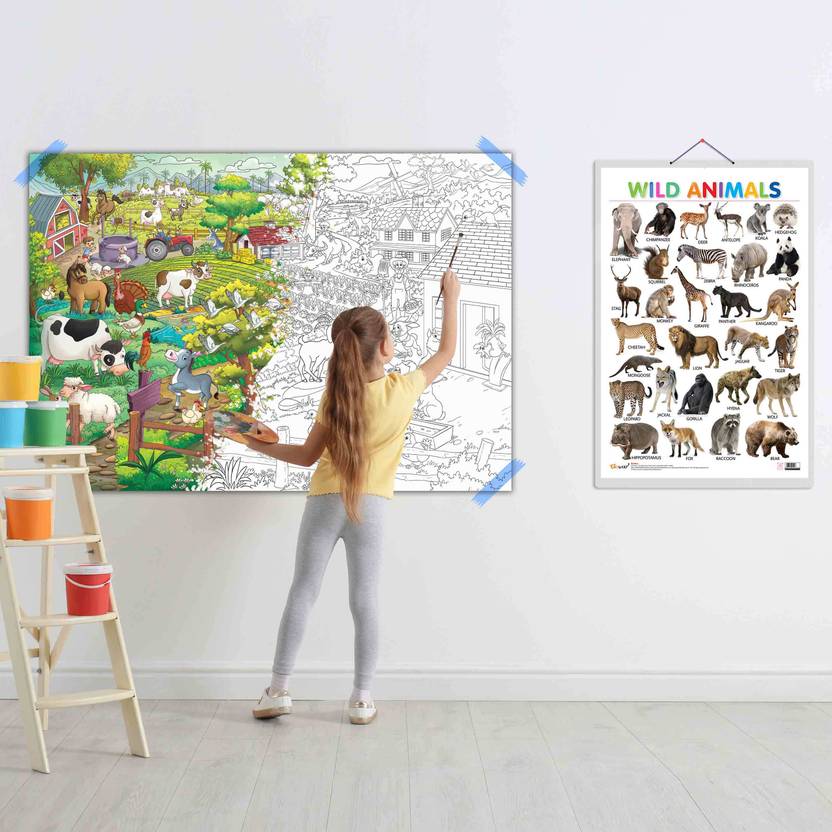 GIANT AT THE FARM COLOURING POSTER and Wild Animals| Combo of 1 ...