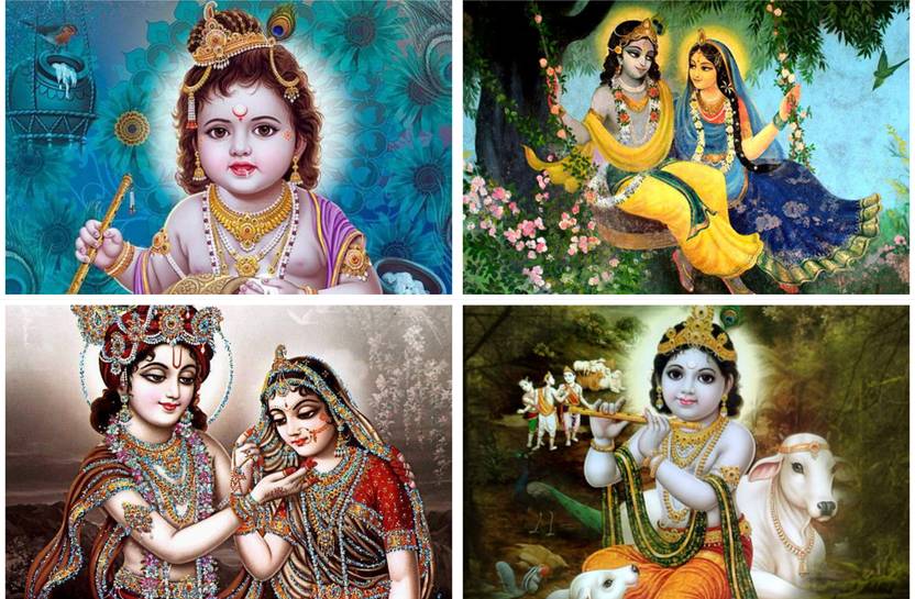 Poster 4 Combo Bal Krishna, Lord Krishna Poster | Radha-Krishna,Laddu ...