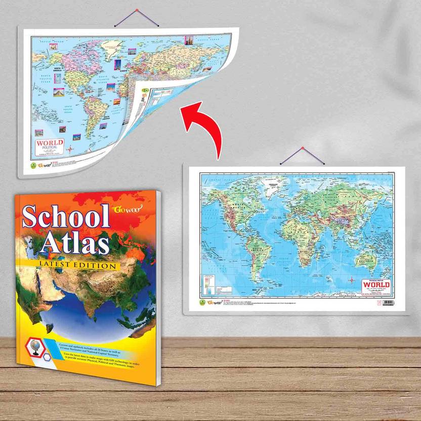 2 IN 1 WORLD POLITICAL AND PHYSICAL MAP IN ENGLISH and SCHOOL ATLAS ...