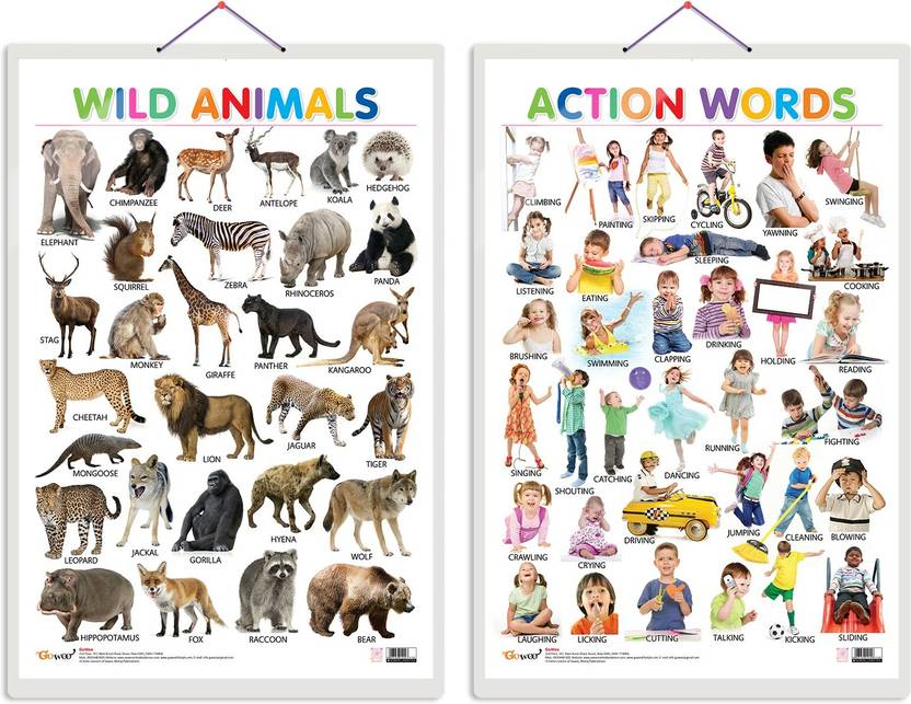 Set of 2 Wild Animals and Action Words Early Learning Educational ...