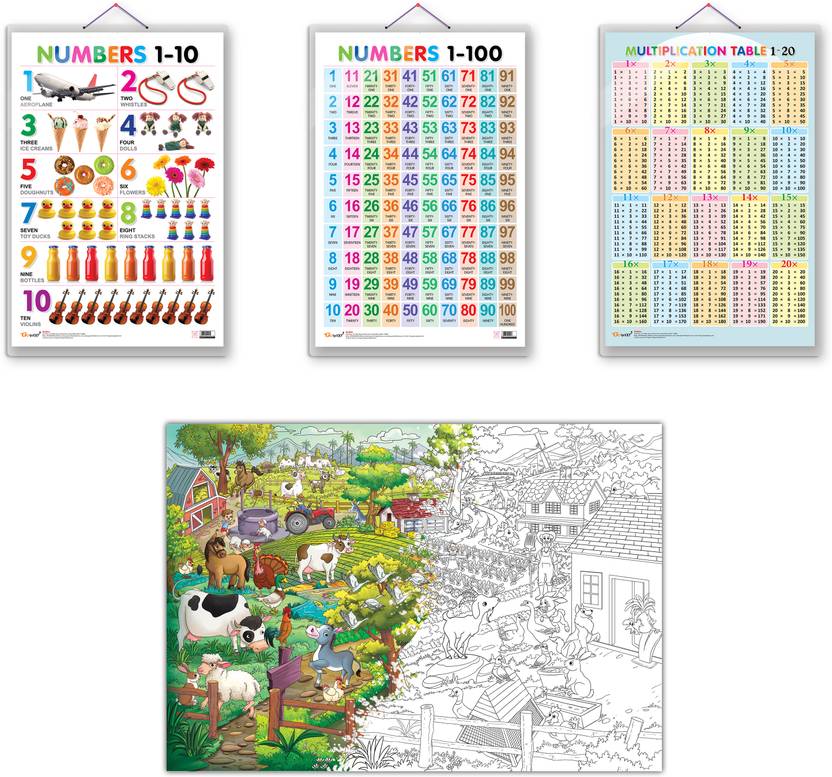 GIANT AT THE FARM COLOURING POSTER, Numbers 1-10 chart, Numbers 1-100 ...