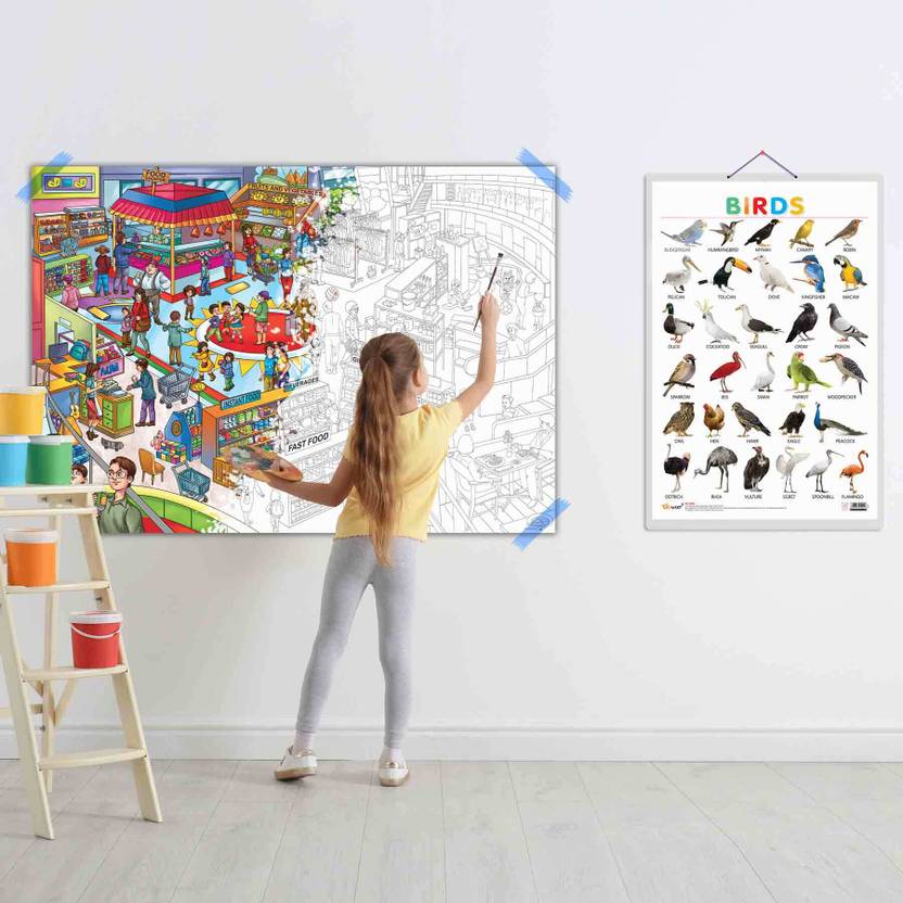 "Birds and GIANT AT THE MALL COLOURING POSTER | SET OF 1 CHART and 1 ...