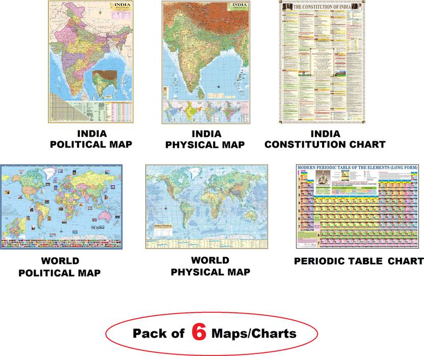 (Set of 6) India Map (Political & Physical Both), World Map (Political ...
