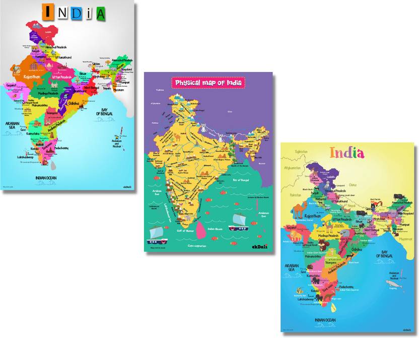 India Map with monuments Physical map of India Map with Animals - Set ...