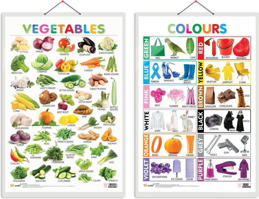 Set of 2 Vegetables and Colours Early Learning Educational Charts for ...