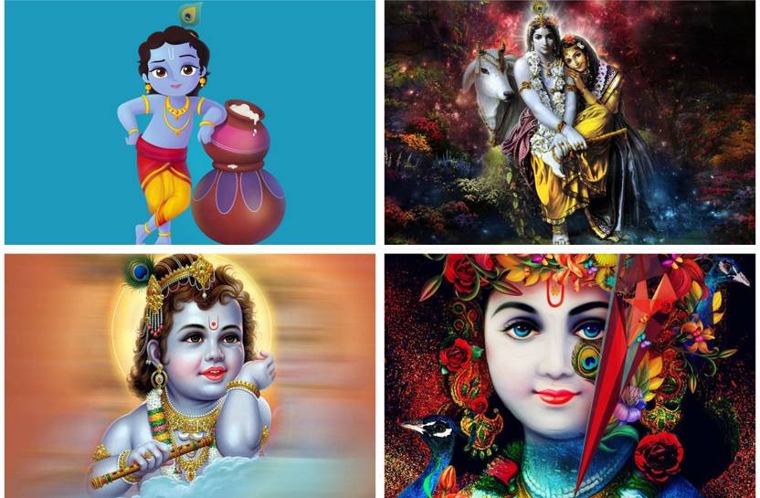 Poster 4 Combo Bal Krishna, Lord Krishna Poster | Radha-Krishna,Laddu ...