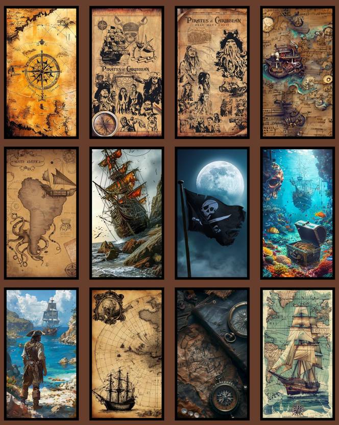 Pirates Poster Set of 12 | Vintage Treasure Map, Pirate Ship, Caribbean ...