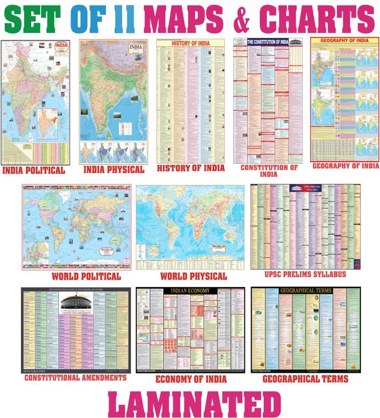Complete set of UPSC Maps & Charts Laminated | Set of 11 | India ...
