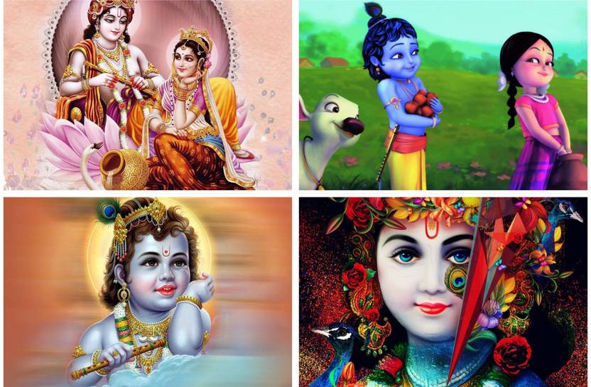 Poster 4 Combo Bal Krishna, Lord Krishna Poster | Radha-Krishna,Laddu ...