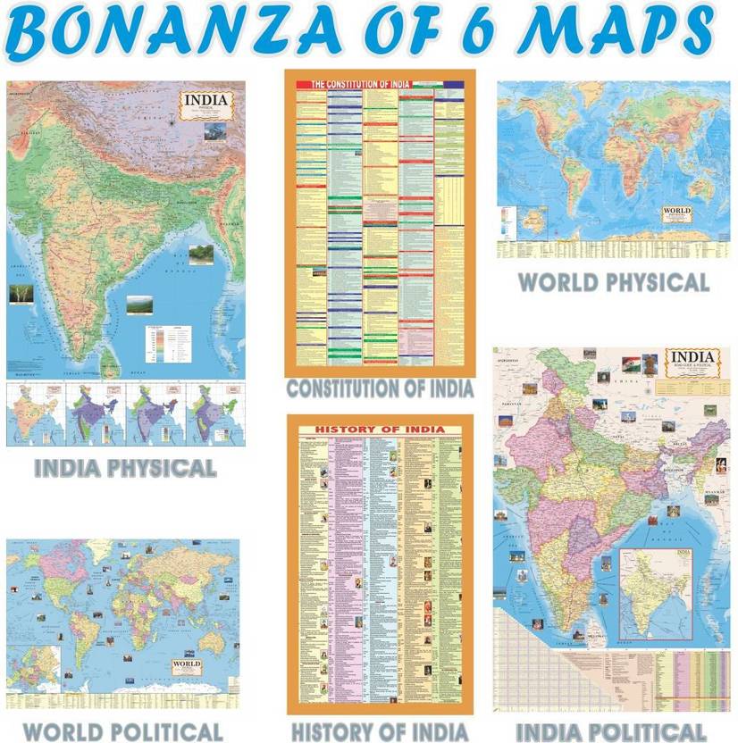 INDIA & WORLD ENGLISH MAPS (Both Political & Physical) Constitution & History of India Chart ...