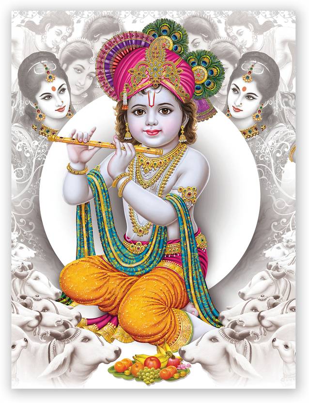 Hindu God Bal Krishna With Cow And Gopis Photo Poster Size “24 X 18 ...