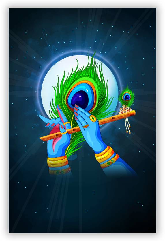 Hindu God Lord Krishna Peacock Feather Digital Poster With Uv Textured