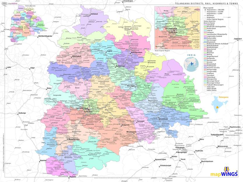 Map of { TELANGANA } with Towns, Highways-Rail and District Boundaries ...