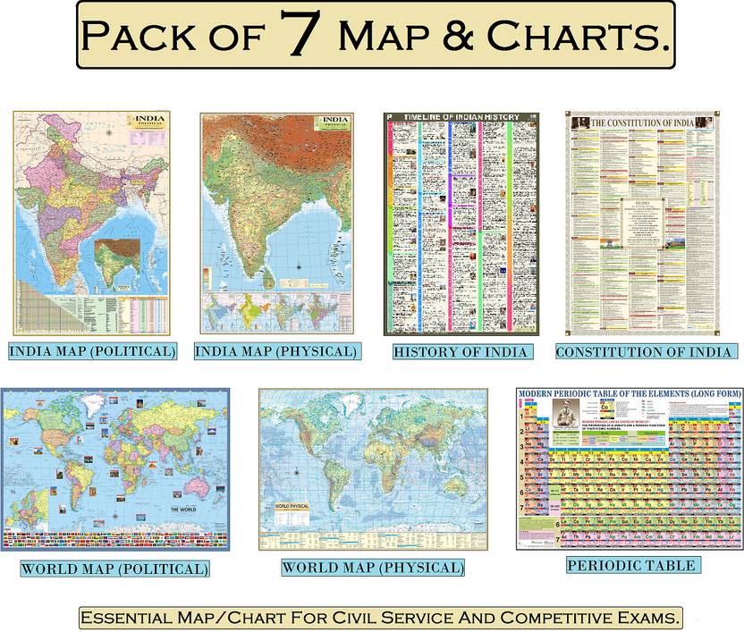 (Set of 7) India Map (Political & Physical Both), World Map (Political& Physical Both), History ...
