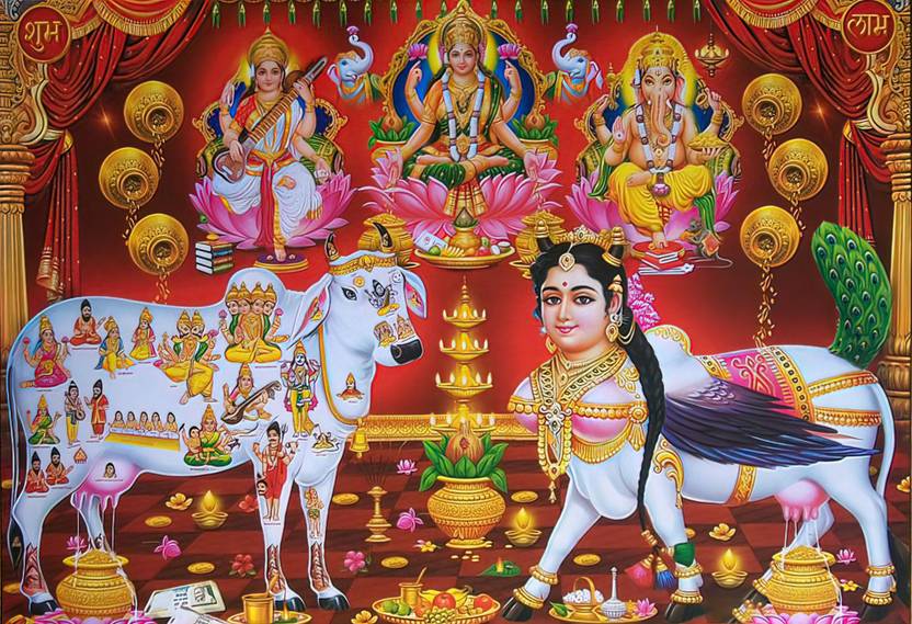 hindu religious Kamdhenu Cow with Maa Laxmi ll Maa Saraswati ll lord ...