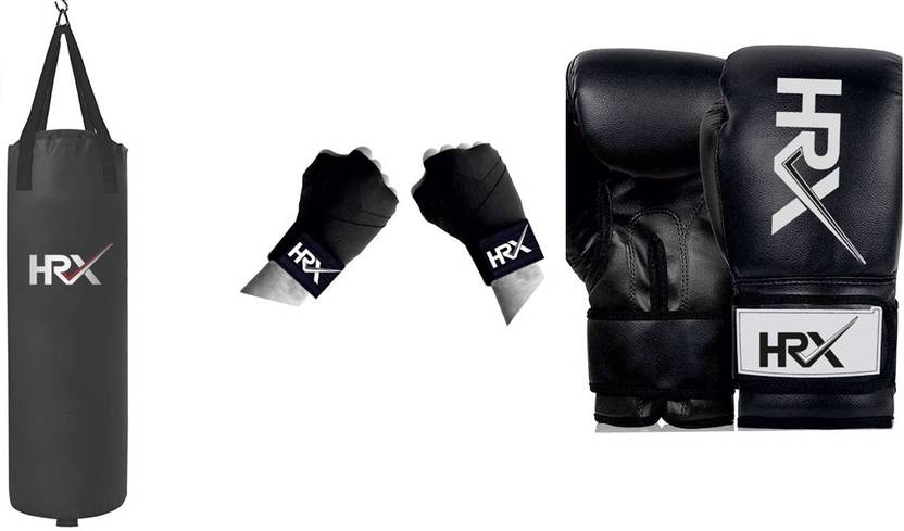 HRX 3 Feet Filled Punching Bag with 12 oz Black Boxing Gloves and Hand ...