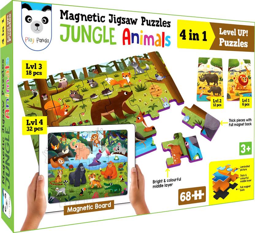 PLAY PANDA Magnetic Jigsaw Jungle Animals Activity Box, 4 puzzles, GK Facts, Learn to draw ...