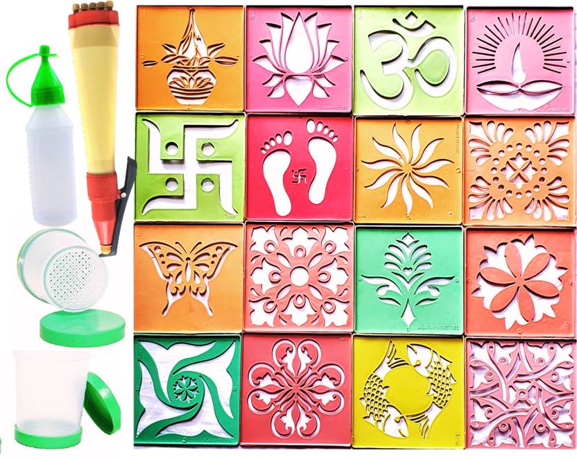 Artonezt Rangoli Tool kit- 16 Rangoli Making Stencils, 2 Fillers, 1 Pen ...