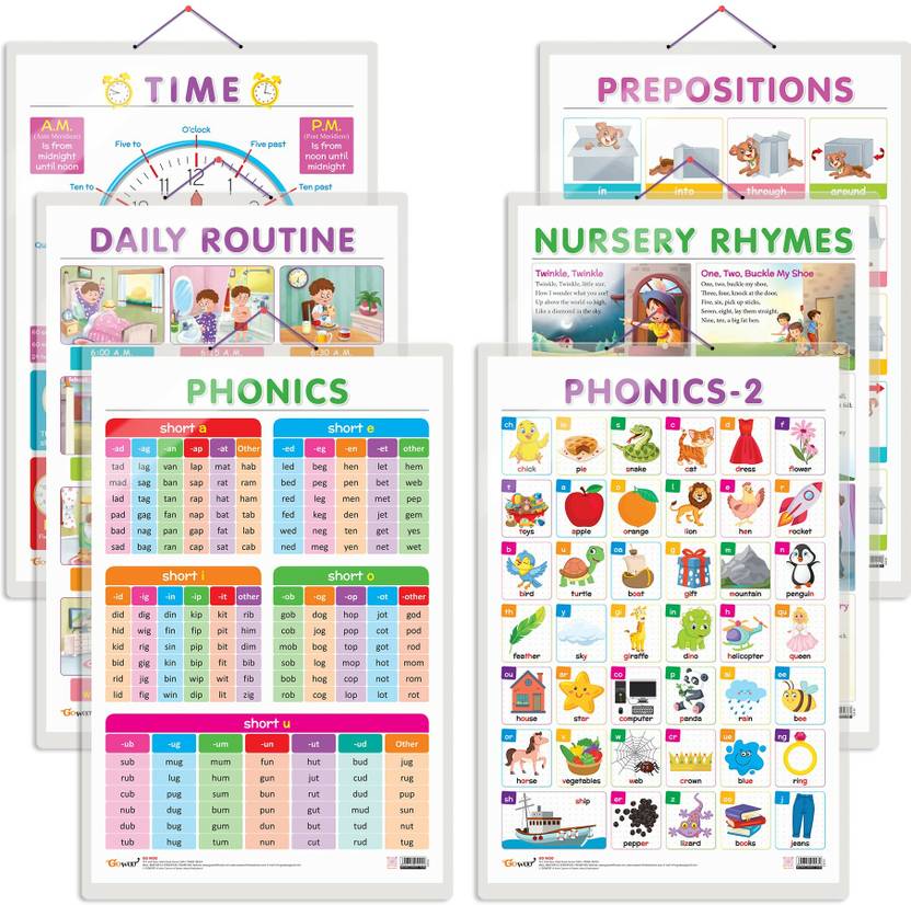 Set of 6 TIME, DAILY ROUTINE, NURSERY RHYMES, PREPOSITIONS, PHONICS - 1 ...