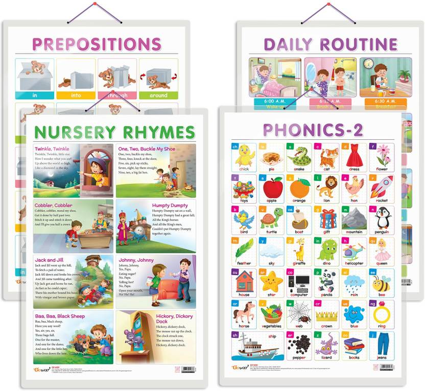 Set of 4 DAILY ROUTINE, NURSERY RHYMES, PREPOSITIONS and PHONICS - 2 ...
