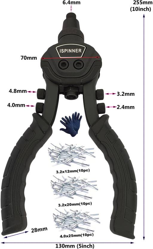 Inditrust POWER HAND RIVETER Size (2.4, 3.2, 4.0, 4.8, 6.4)mm with 30pc ...