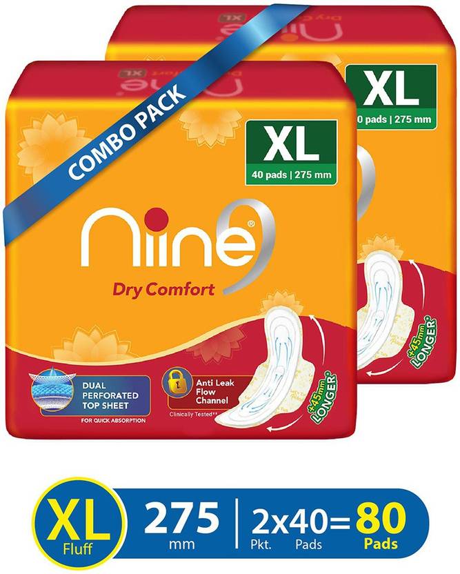 niine Dry Comfort Extra Long Sanitary Pads, Anti Leak Flow Channel ...