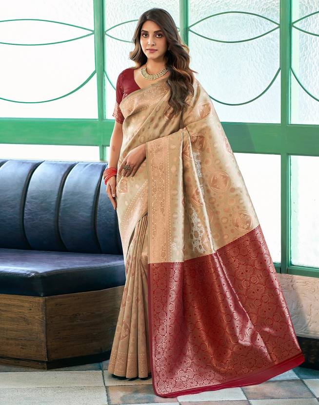 Buy ABHINANDAN Embellished Banarasi Art Silk Cream Sarees Online @ Best ...