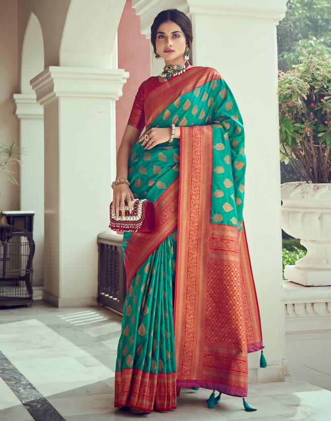 Buy Samah Woven, Embellished, Self Design Paithani Cotton Blend, Silk ...
