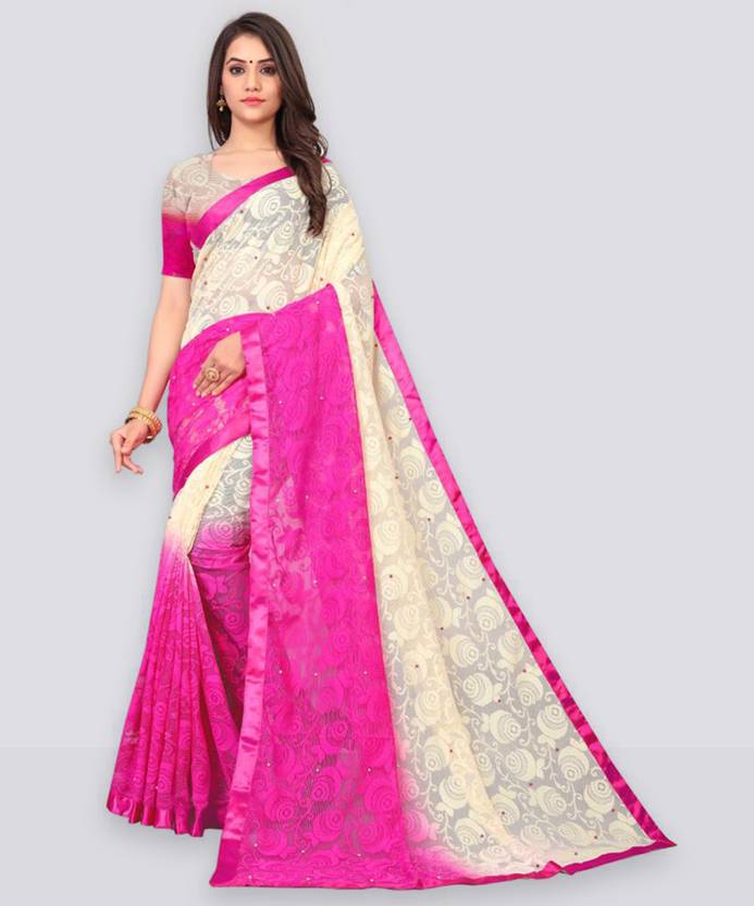 Buy LOROFY Self Design Bollywood Net White, Pink Sarees Online @ Best ...