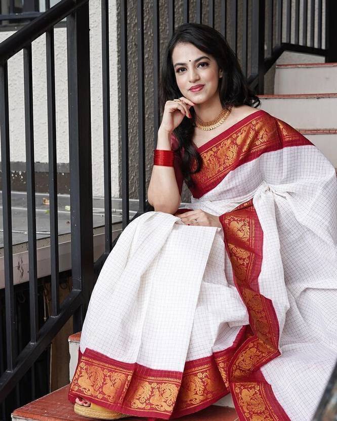 Buy HouseOfCommon Woven Banarasi Art Silk White, Red Sarees Online ...