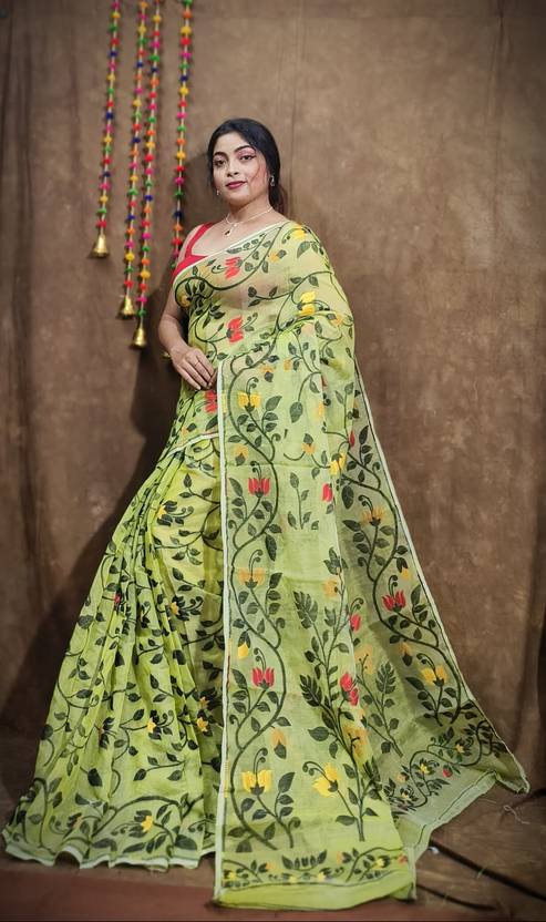 Buy OWALID Floral Print Jamdani Pure Cotton Multicolor Sarees Online ...