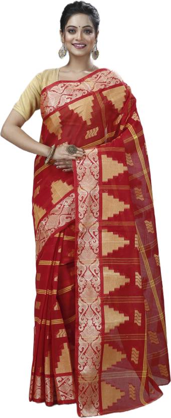 Buy SUBHO SAREE CENTRE Woven, Temple Border Tant Pure Cotton Red, Gold ...