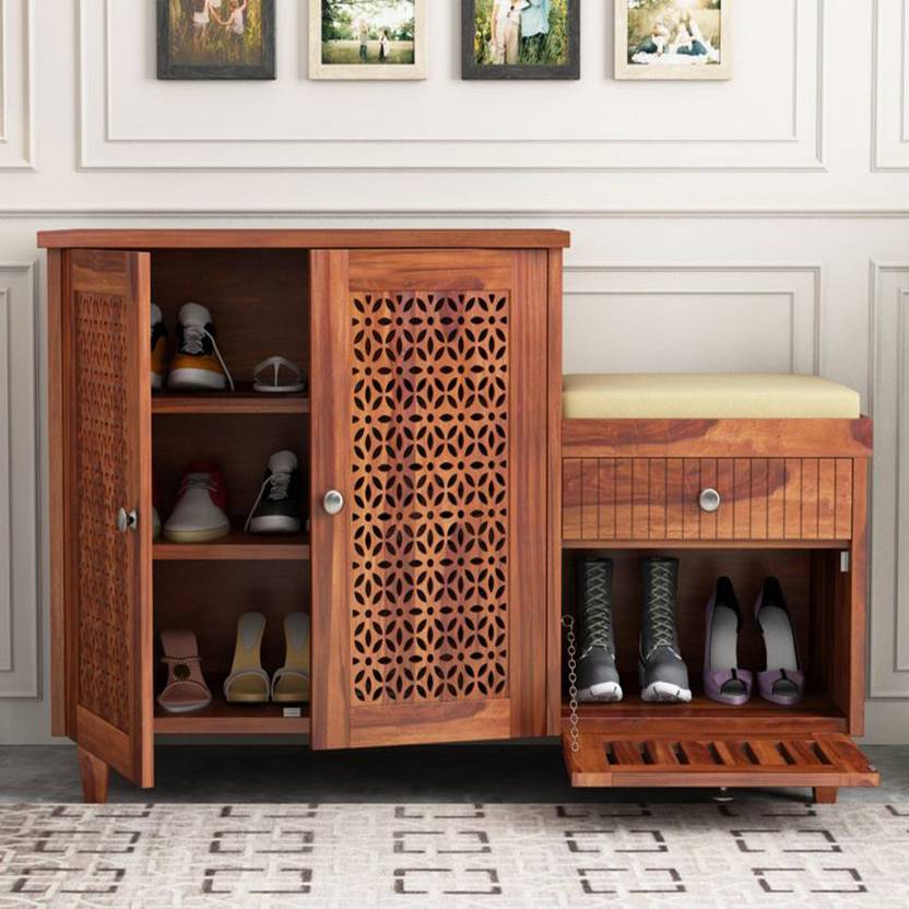 EWOOD Solid Sheesham Wood Shoe Rack With Seating Cushion & Closed ...