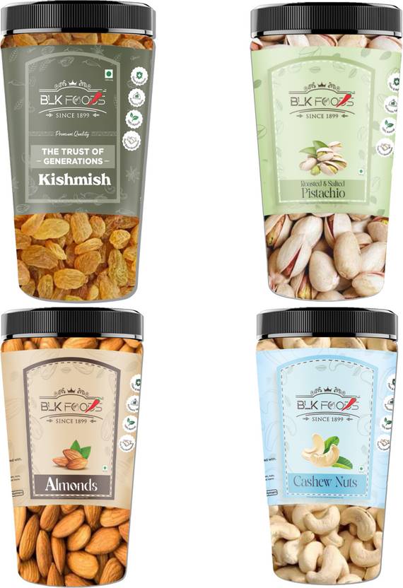 BLK FOODS Dry fruits combo pack of Kaju Badam Pista Kishmish 600g Cashews, Almonds, Pistachios ...