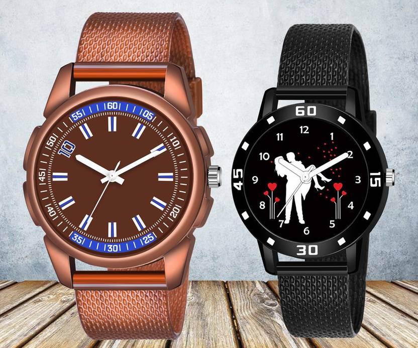 JRM Couple Watch_Brown_Round Dial_PU_Strap Matt Finish - Pack of 2 Analog Watch - For Couple ...