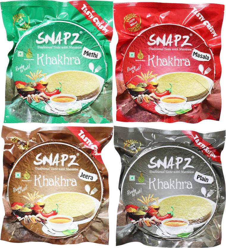 SNAPZ Roasted Methi, Masala, Jeera, Plain Khakhra Snacks (4 x 200 g ...