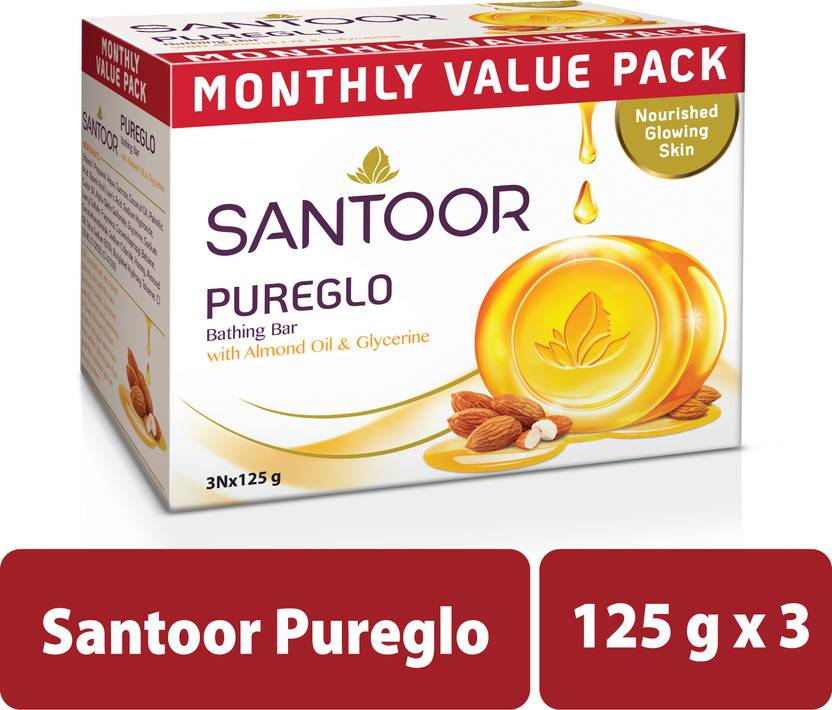 Santoor by Wipro PureGlo Moisturising Glycerine Bathing Bar with Almond ...