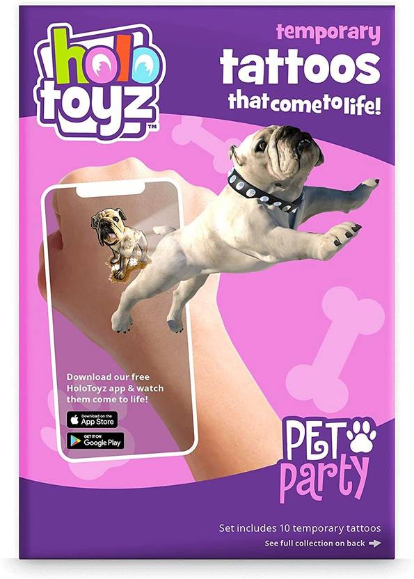 HOLO TOYZ 10.7 cm Pet Party Temporary Tattoos-Augmented Reality 3D Toys-(Pack of 10) Removable ...