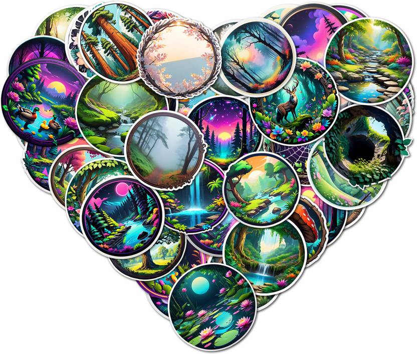 SoFFXia 4.72 cm Round Nature Fantasy Scenic Waterproof Vinyl Sticker ...