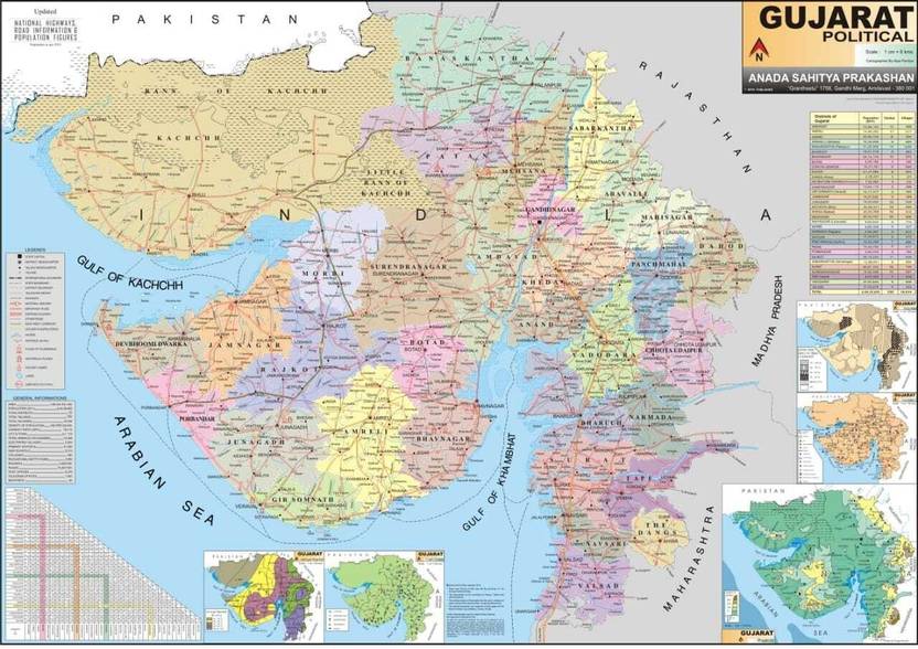Oinic 40 inch GUJARAT MAP Size: 40"x28" inch With Facts, Area ...