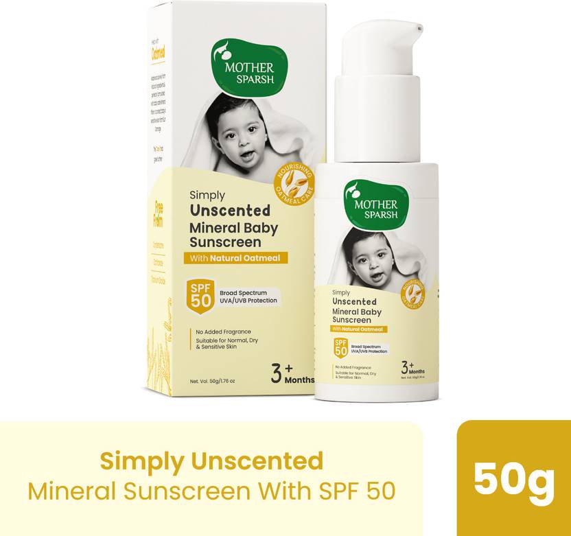 Mother Sparsh Sunscreen - SPF 50 Unscented Mineral Baby Sunscreen with Natural Oatmeal, UVA/UVB ...