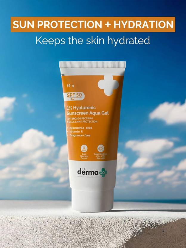 The Derma Co Sunscreen - SPF 50 PA++++ 1% Hyaluronic Sunscreen Aqua Gel Lightweight, No white ...