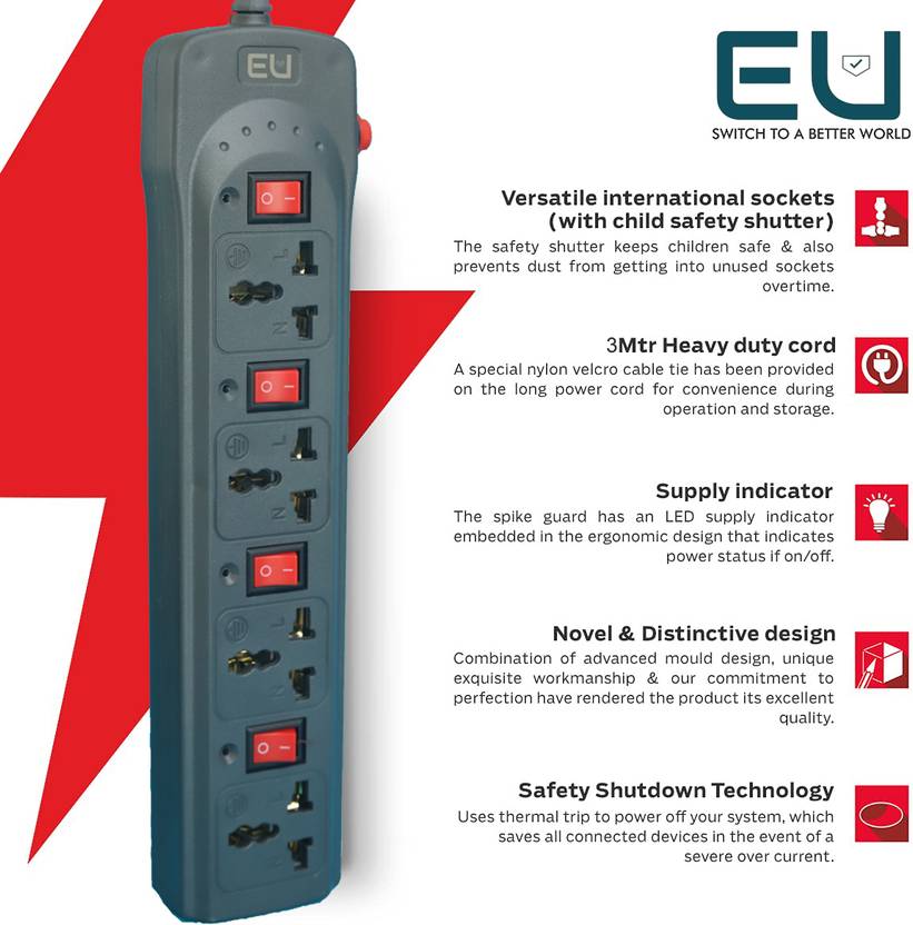 ADSS EU:-6Amp Heavy Duty Extension Board with 4 Universal Sockets,4 ...