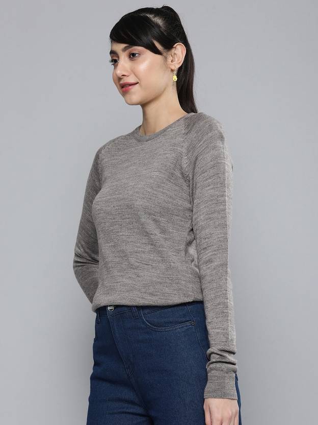 HERE&NOW Self Design Round Neck Casual Women Grey Sweater - Buy HERE ...