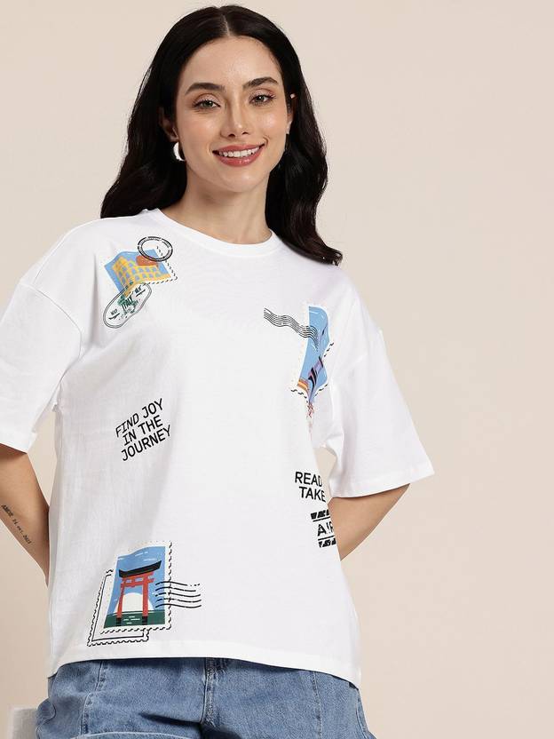 HERE&NOW Printed Women Round Neck White T-Shirt - Buy HERE&NOW Printed ...