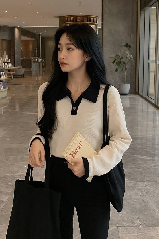 StreetWardrobe Self Design Women Peter Pan Collar Beige, Black T-Shirt ...