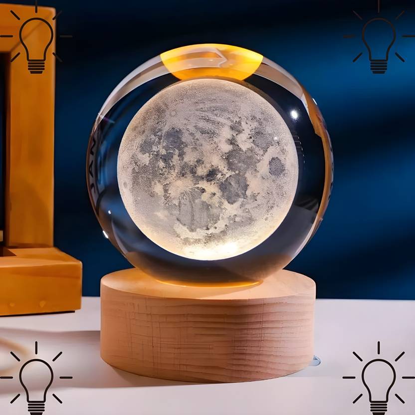 BITSY BLOOM 3D Crystal Ball Lamp | Night Light with Wooden Base | Moon ...
