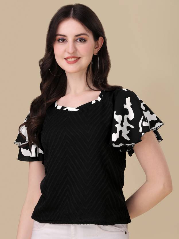 Sheetal Associates Casual Chevron/Zig Zag Women Black Top - Buy Sheetal ...