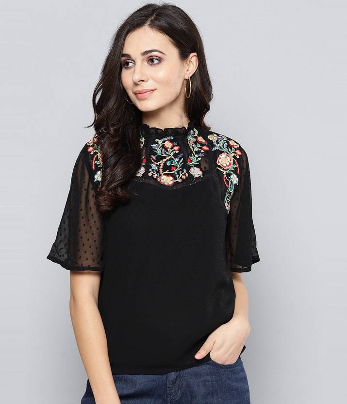 HARPA Casual Flared Sleeve Embroidered Women Black Top - Buy HARPA ...