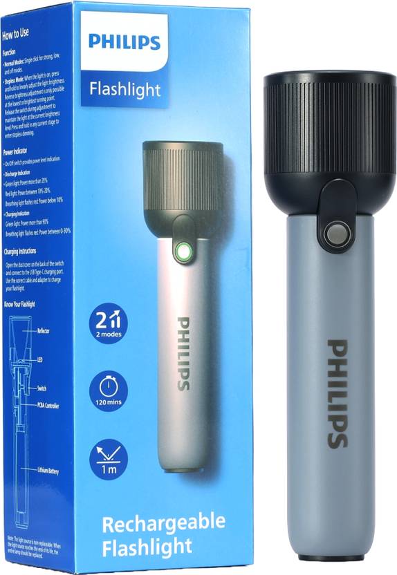 PHILIPS 3 Mode Flashlight, 2000mAh Li-ion Battery, 400 lm, IP44, Type-C ...